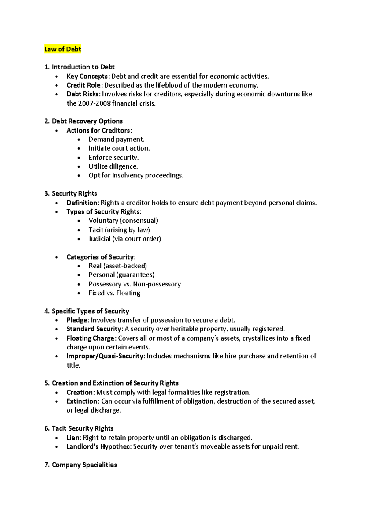 Law of Debt and Insolvency notes - Law of Debt 1. Introduction to Debt ...