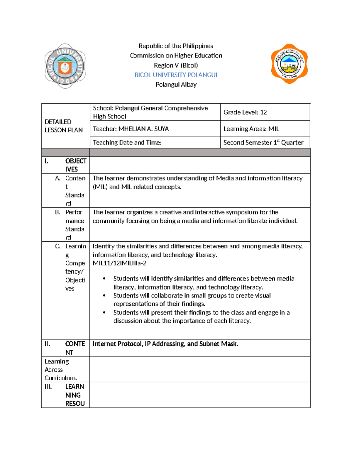 Week2 day2 DLP suya - lesson plan - Republic of the Philippines ...