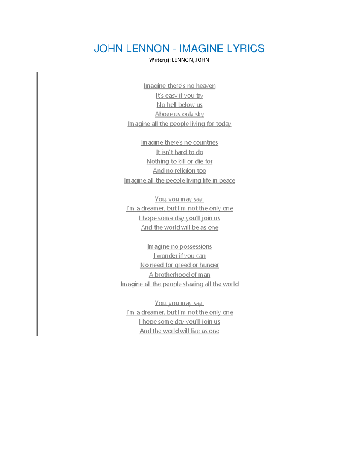 3 Imagine by John Lennon - JOHN LENNON - IMAGINE LYRICS Writer(s ...