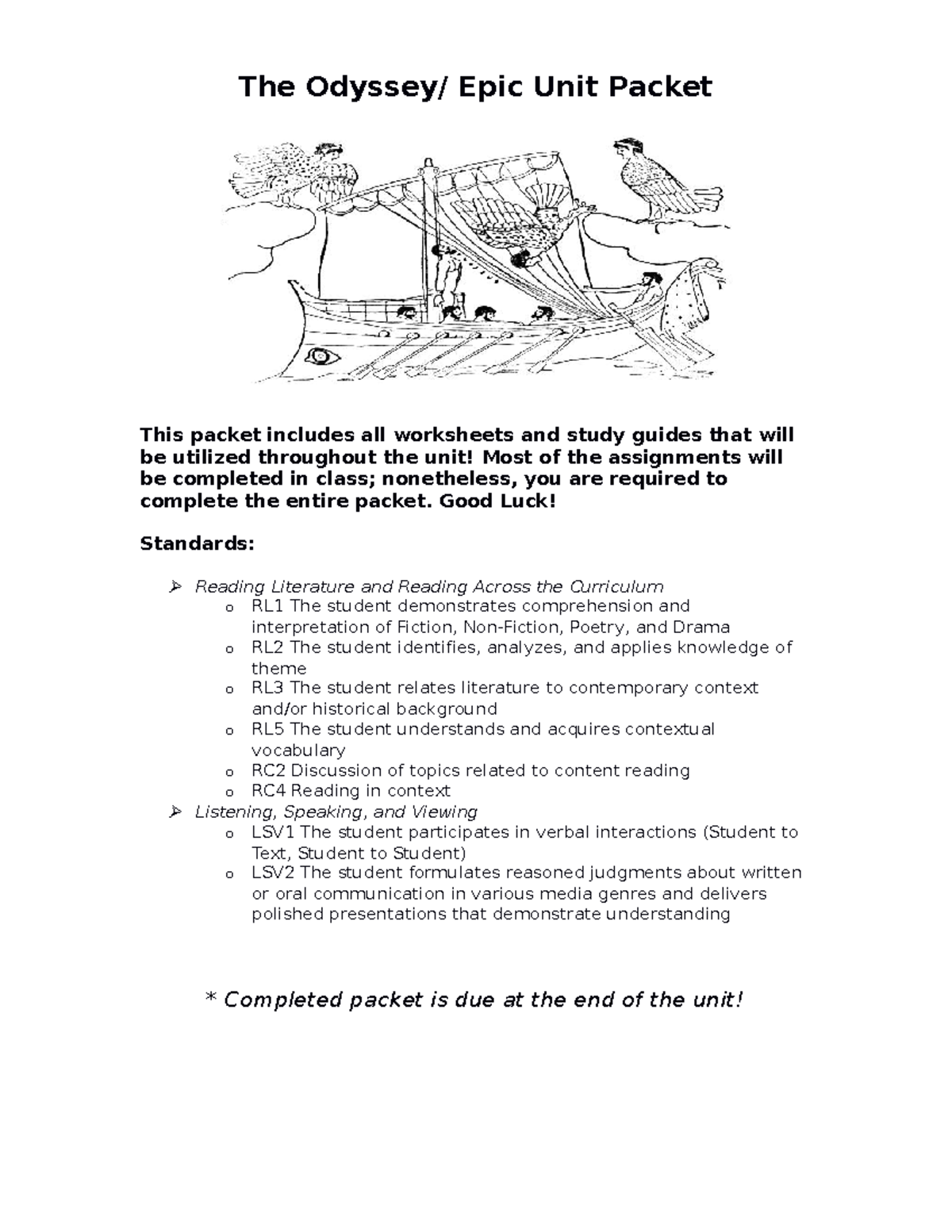 The-Odyssey-Packet-Spr-10 - The Odyssey/ Epic Unit Packet This packet ...