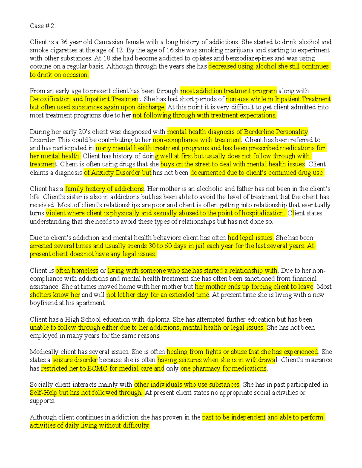 Case example 2b - none - Case # 2: Client is a 36 year old Caucasian ...