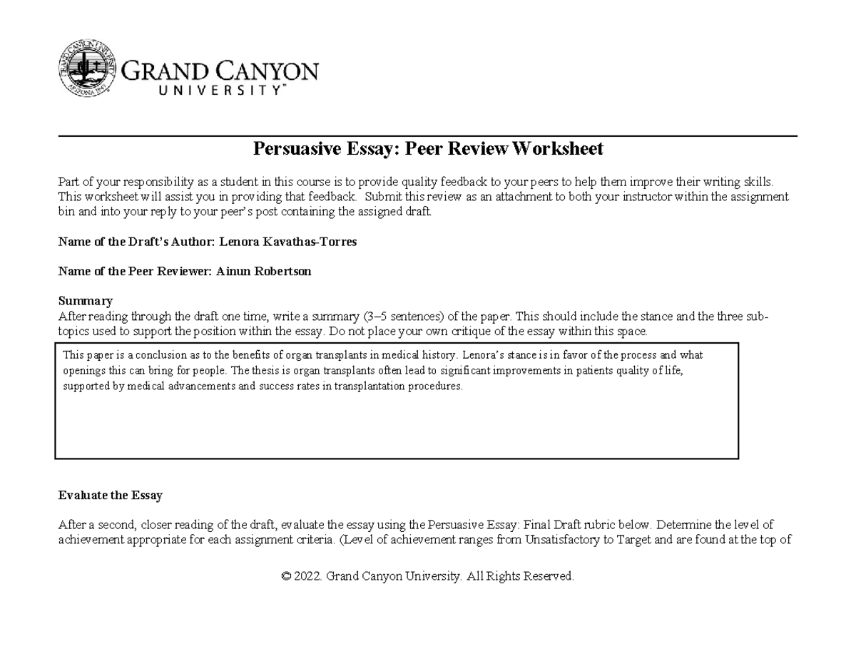 T-6 Peer Review Worksheet PHI105 - Persuasive Essay: Peer Review ...