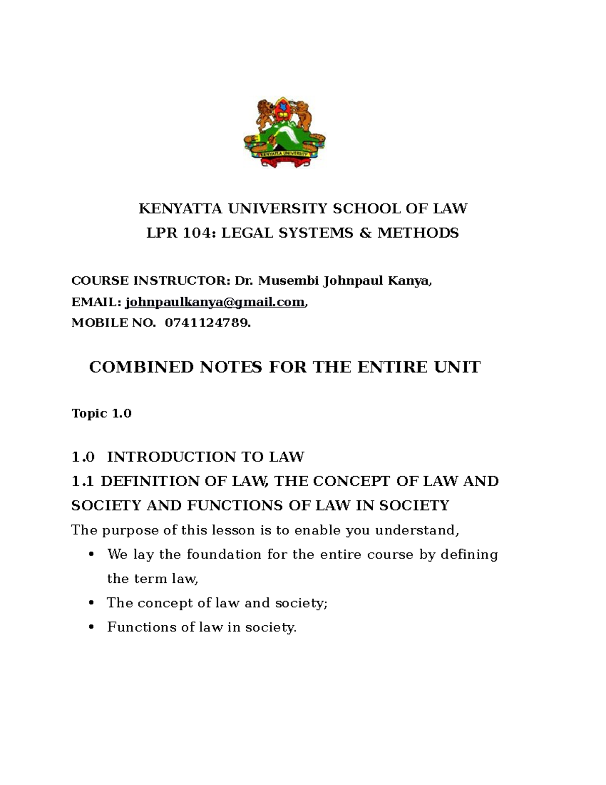 Combined Legal System AND Methods Notes - KENYATTA UNIVERSITY SCHOOL OF ...