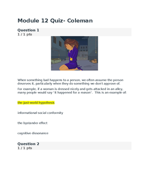Module 9 Quiz - quiz - Module 9 Quiz- Coleman Question 1 1 / 1 pts Erik Erikson hypothesized ...