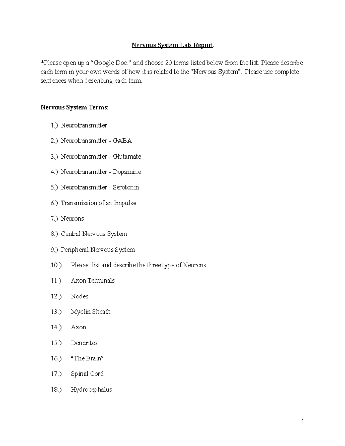 Nervous System Lab Report - Nervous System Lab Report *Please open up a ...