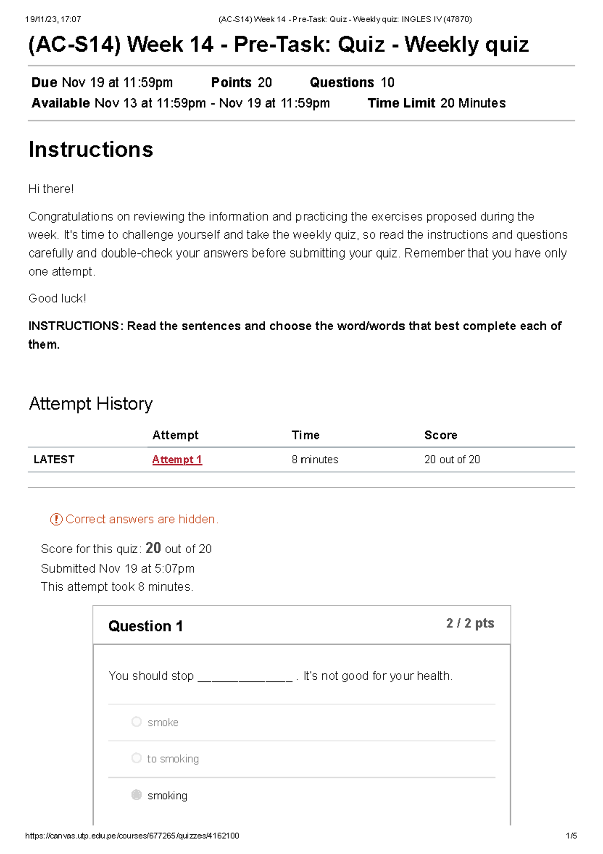 (AC-S14) Week 14 - Pre-Task Quiz - Weekly quiz Ingles IV (47870) - (AC ...
