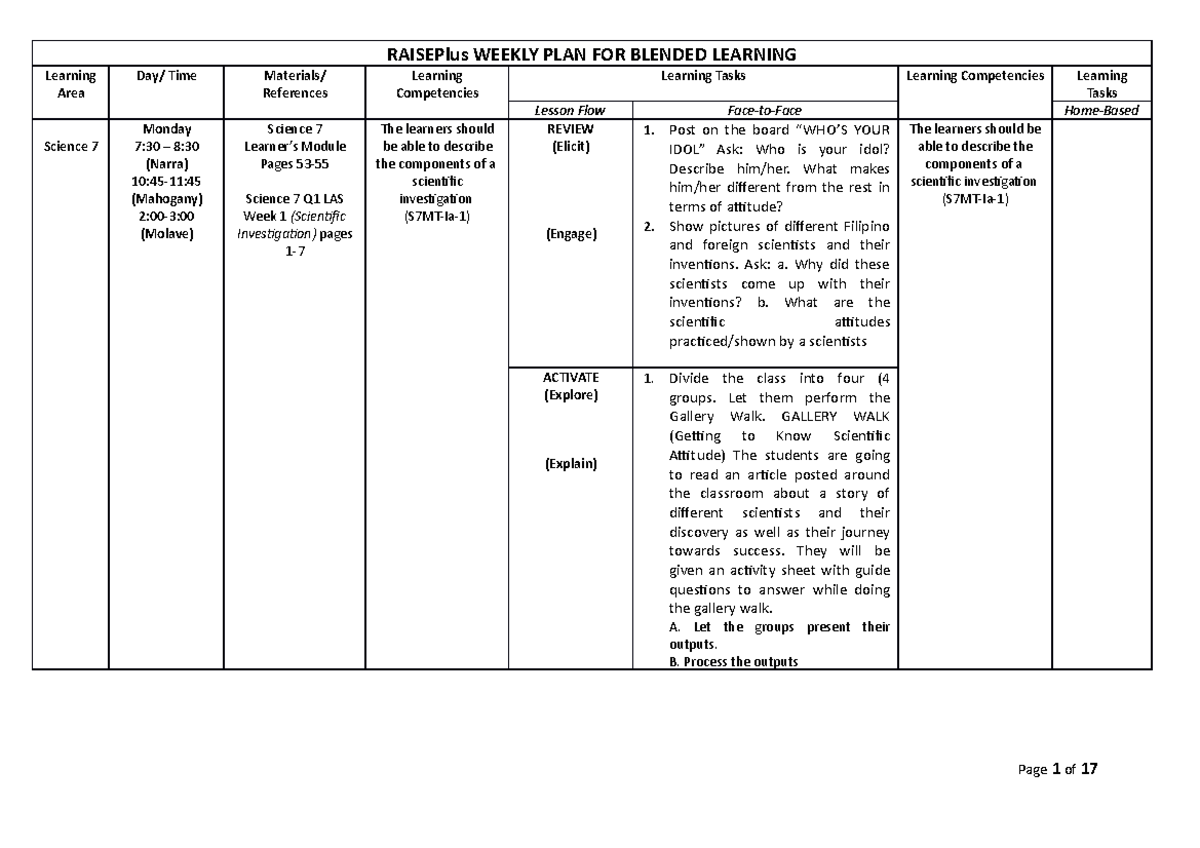 Science 7 Raiseplus 1st week - RAISEPlus WEEKLY PLAN FOR BLENDED ...