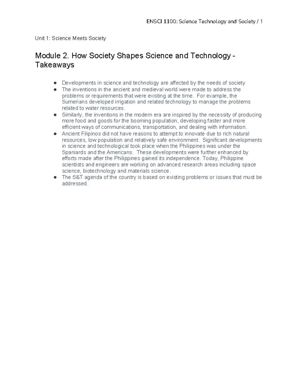 Unit 1 Science Meets Society - ENSCI 1100: Science Technology and ...