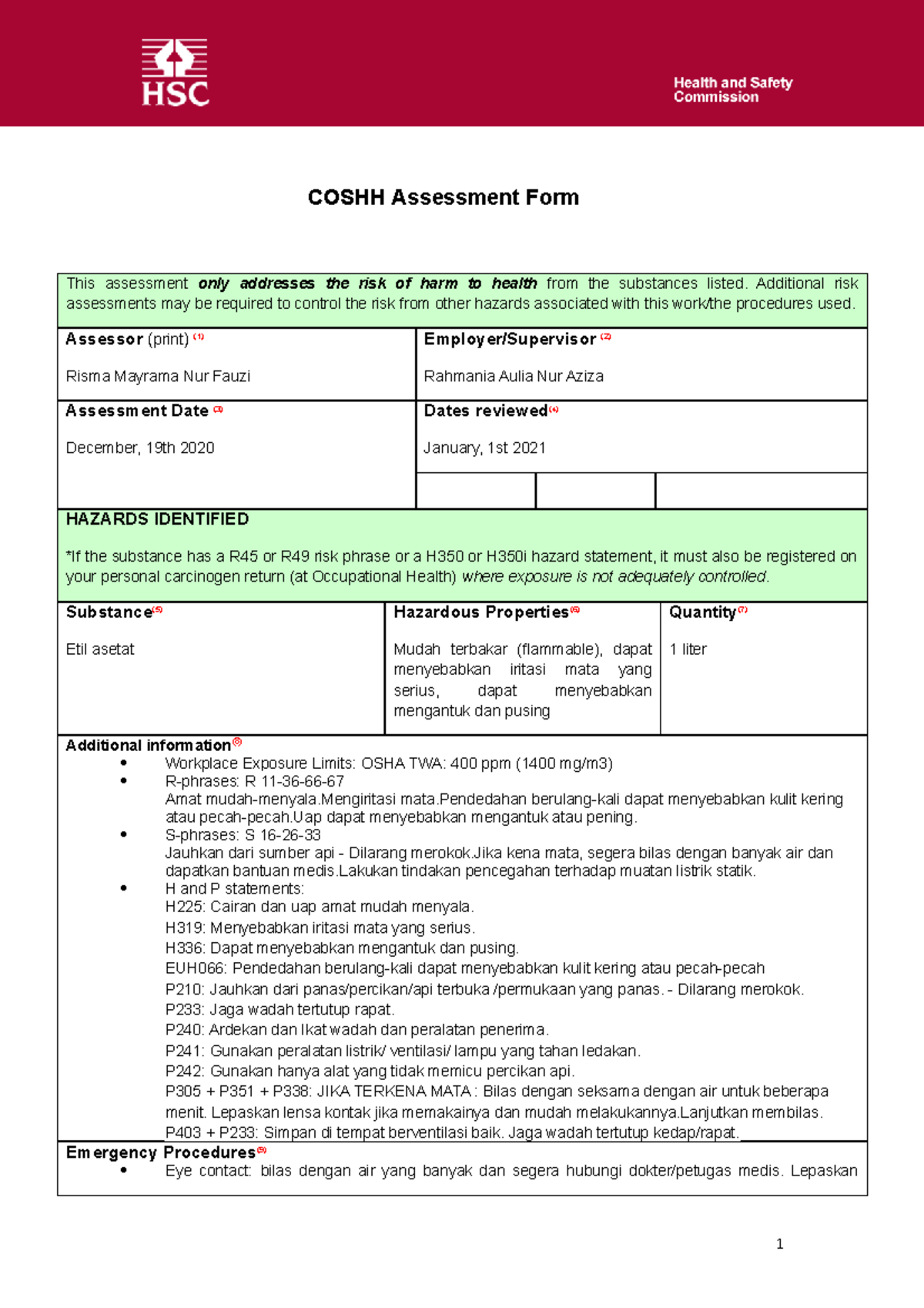 Cossh Assessment FORM etil asetat form 1 - COSHH Assessment Form This ...