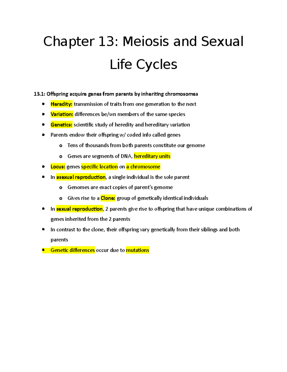 Bio 1500 CH 13 notes - Chapter 13: Meiosis and Sexual Life Cycles 13 ...