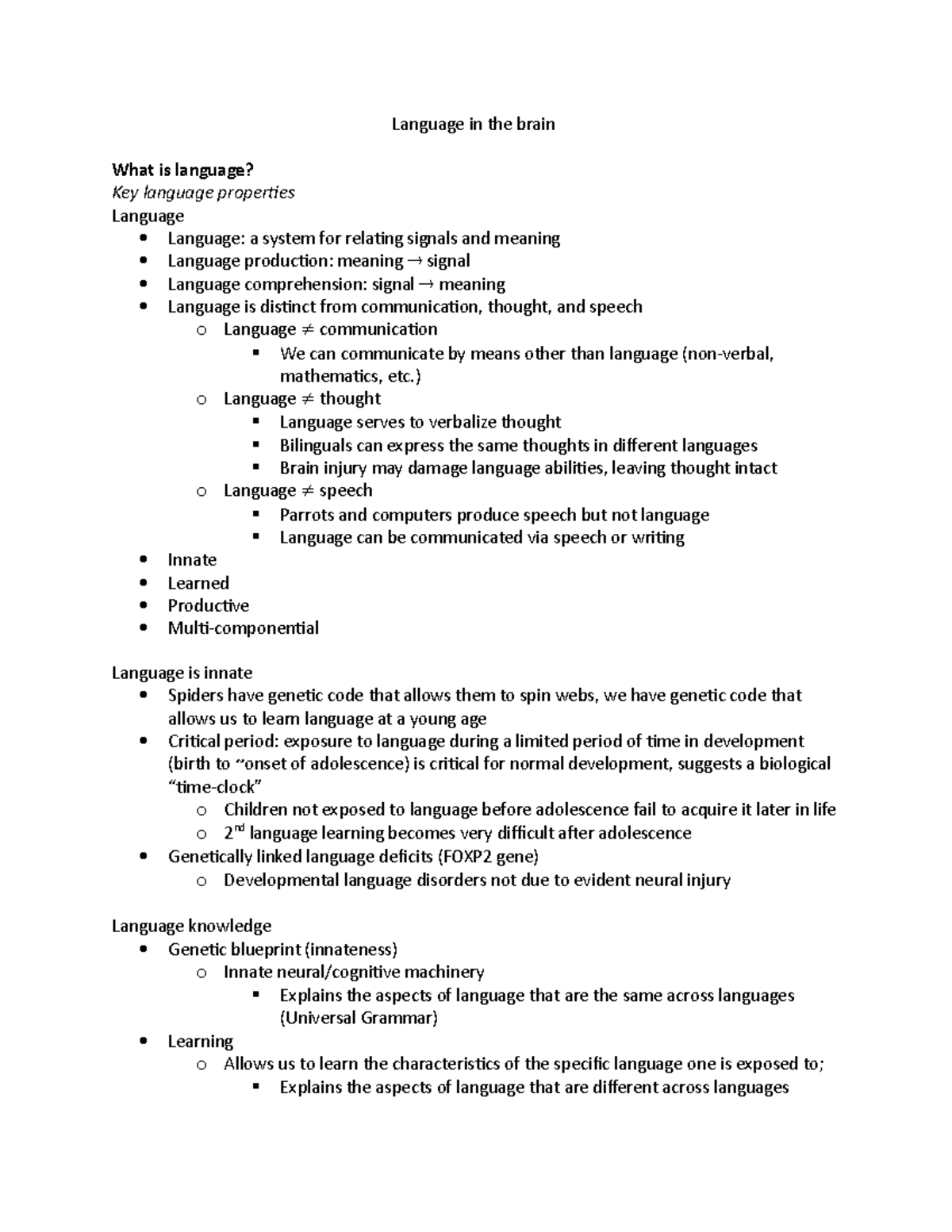 Language in the brain - notes - Language in the brain What is language ...