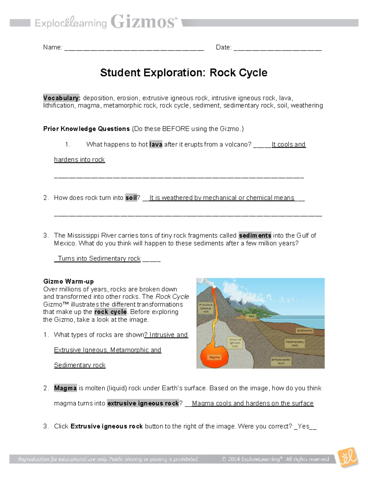 Rock Cycle Gizmo With Answers Name 