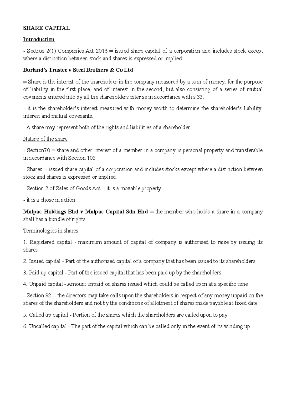 Share Capital - Lecture notes 1 - SHARE CAPITAL Introduction Section 2 ...