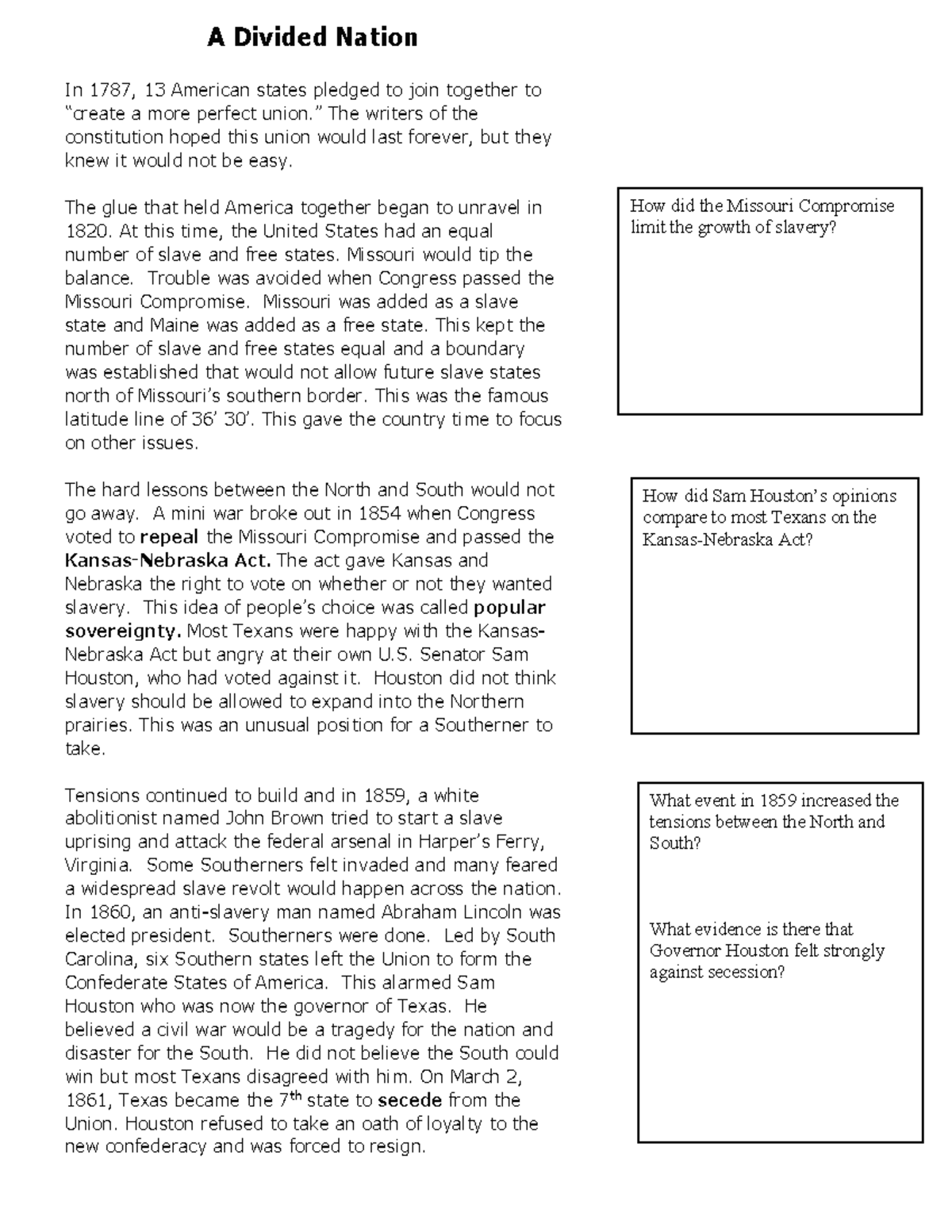 Donovan Blackshire - A Divided Nation Reading with Questions - A ...