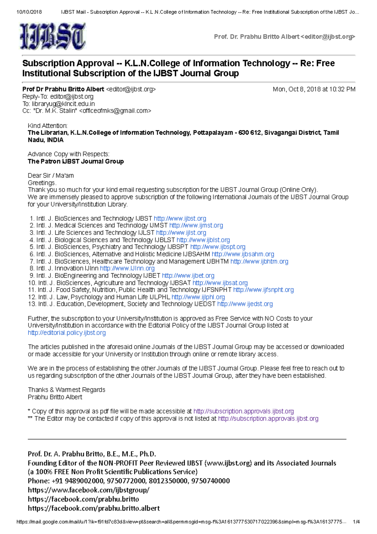 2018 10 08 22 32 KLN College of Info Tech - Prof. Dr. Prabhu Britto ...