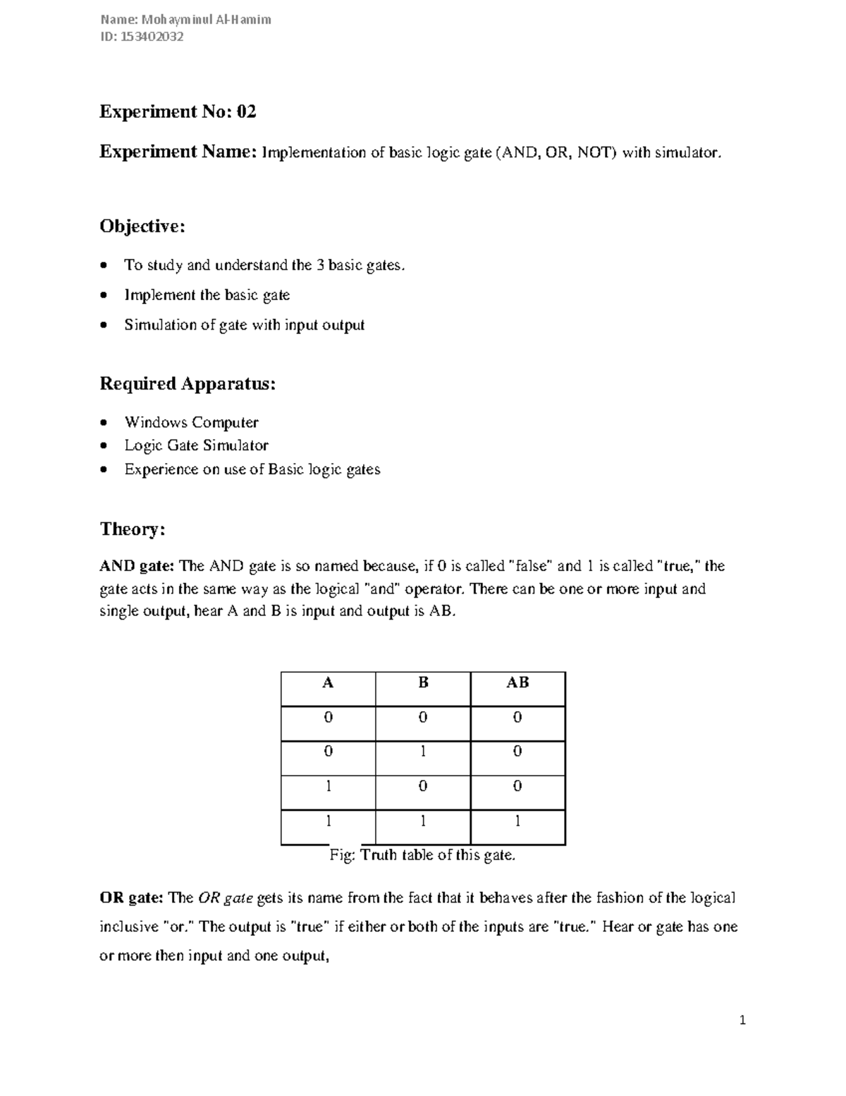 Lab 2 - 1 Name: Mohayminul Al-Hamim ID: 153402032 Experiment No: 02 Experiment Name ...