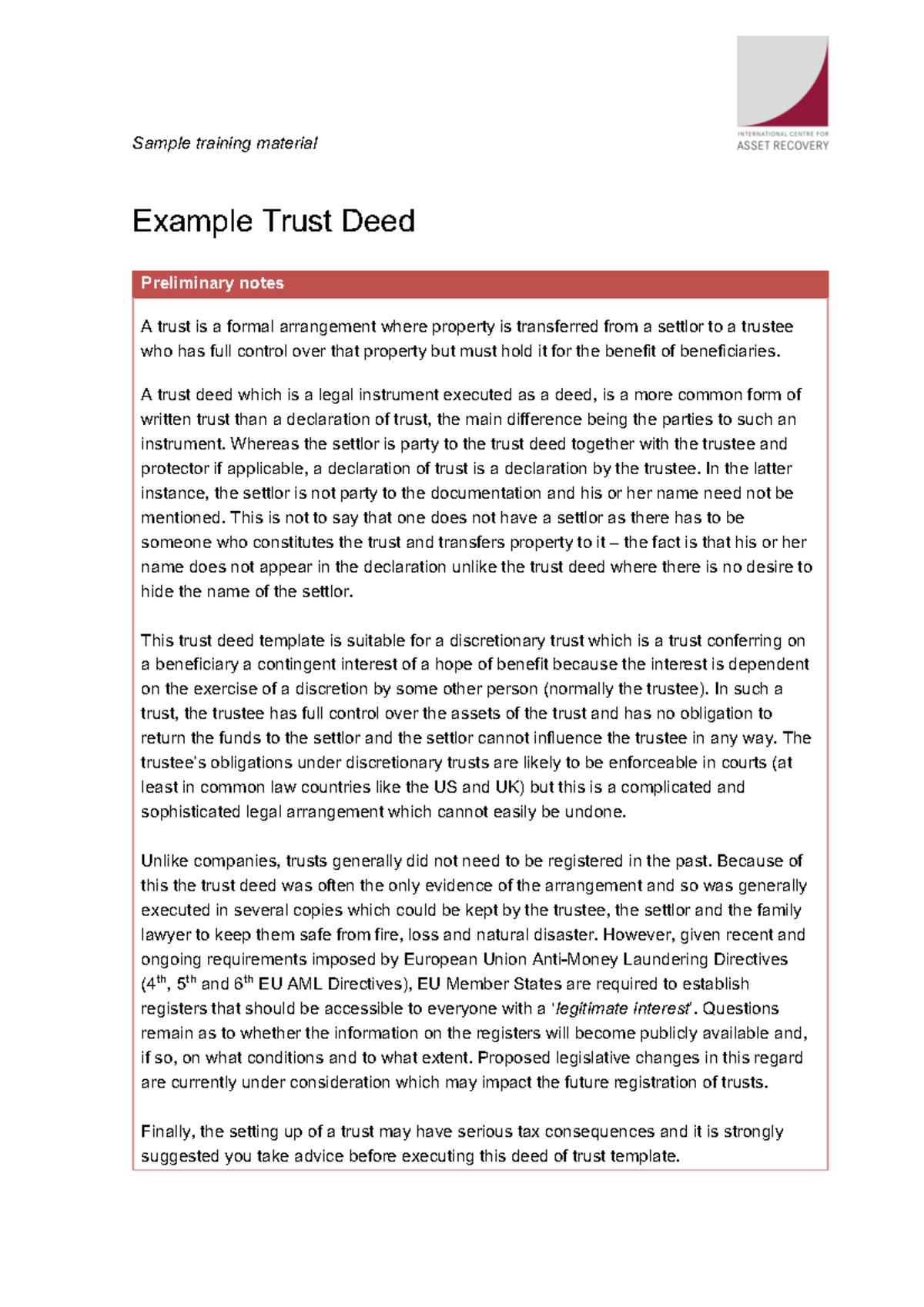 Example Trust Deed final 24 - Sample training material Example Trust ...