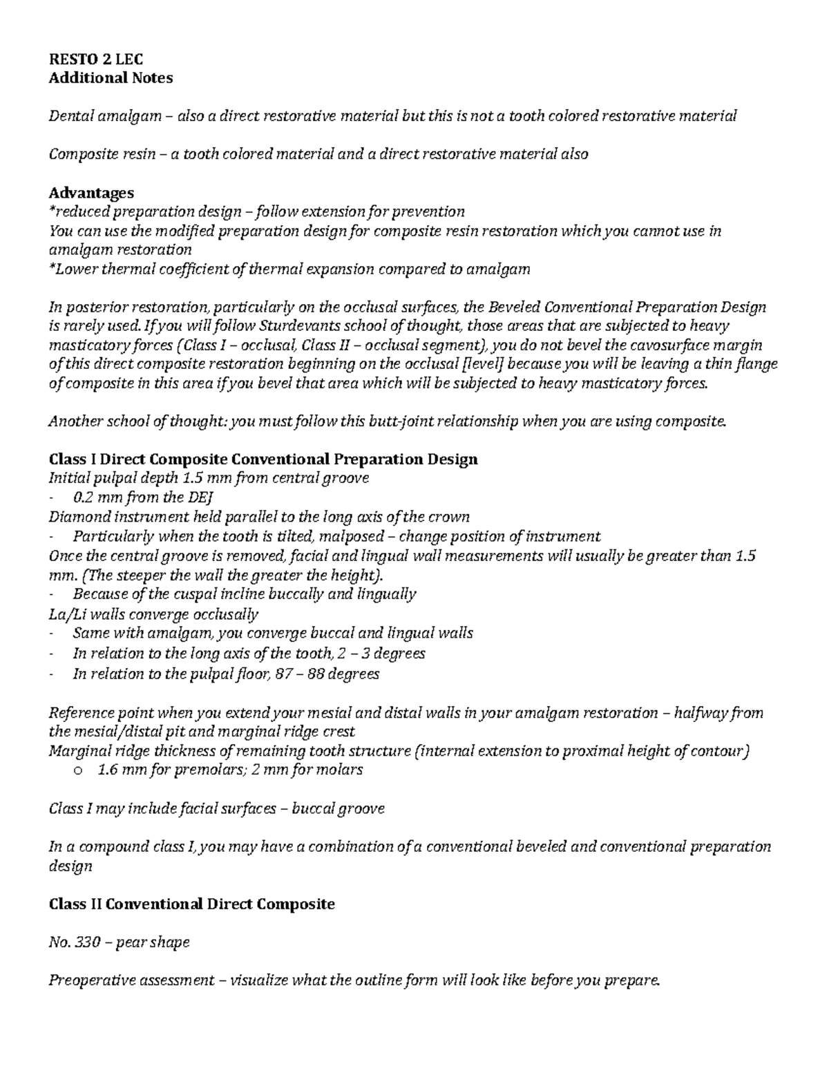 Restorative Dentistry 2 Lecture - RESTO 2 LEC Additional Notes Dental ...
