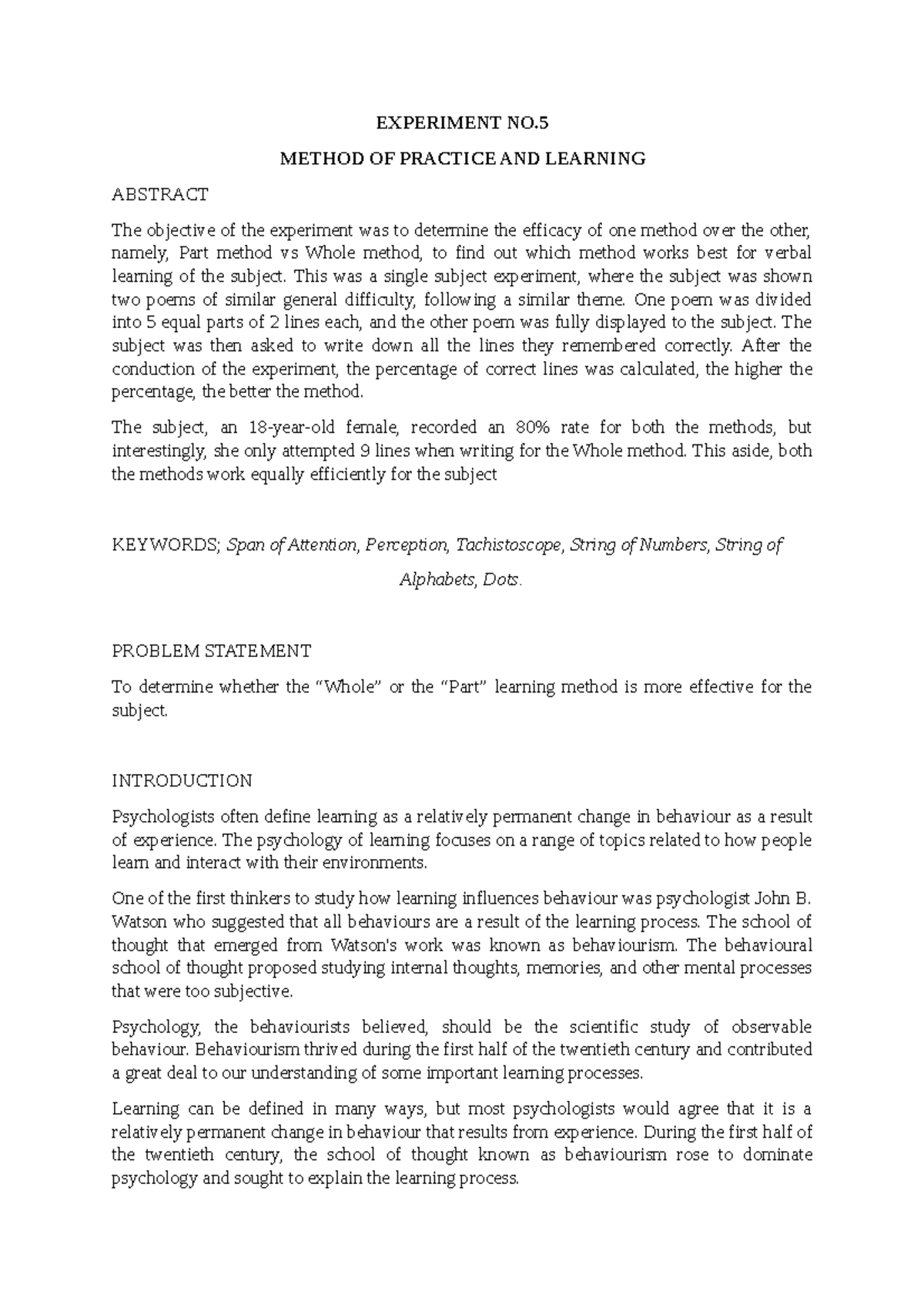Exp 5 Whole vs Part Method - EXPERIMENT NO. METHOD OF PRACTICE AND ...