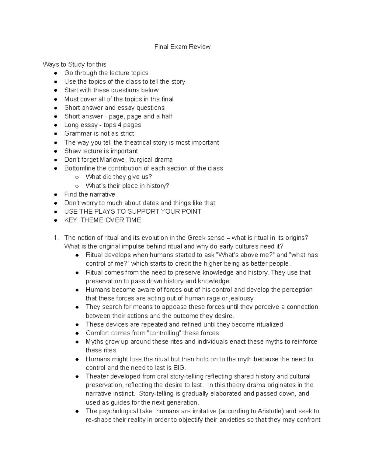 History of Theater I Final Exam Review Questions - Final Exam Review ...