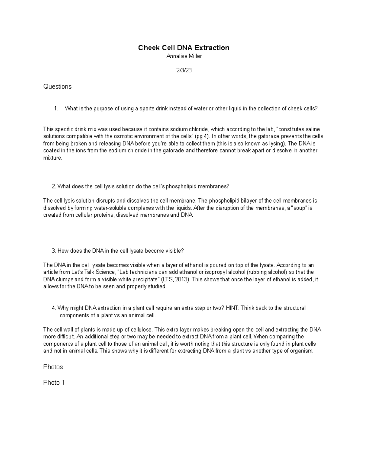 Lab week 5 - Lab week 5 - Cheek Cell DNA Extraction Annalise Miller 2/3 ...