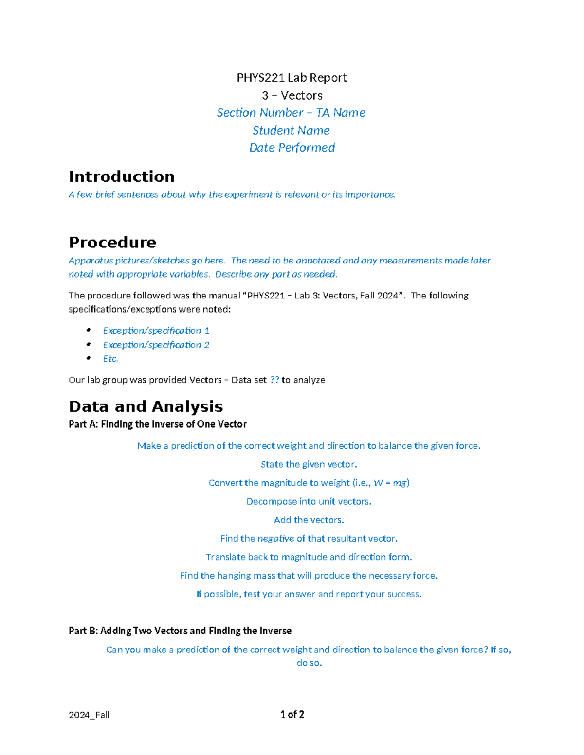 PHYS221 Lab 3 Report Template - Vectors - PHYS221 Lab Report 3 – Vectors Section Number – TA ...