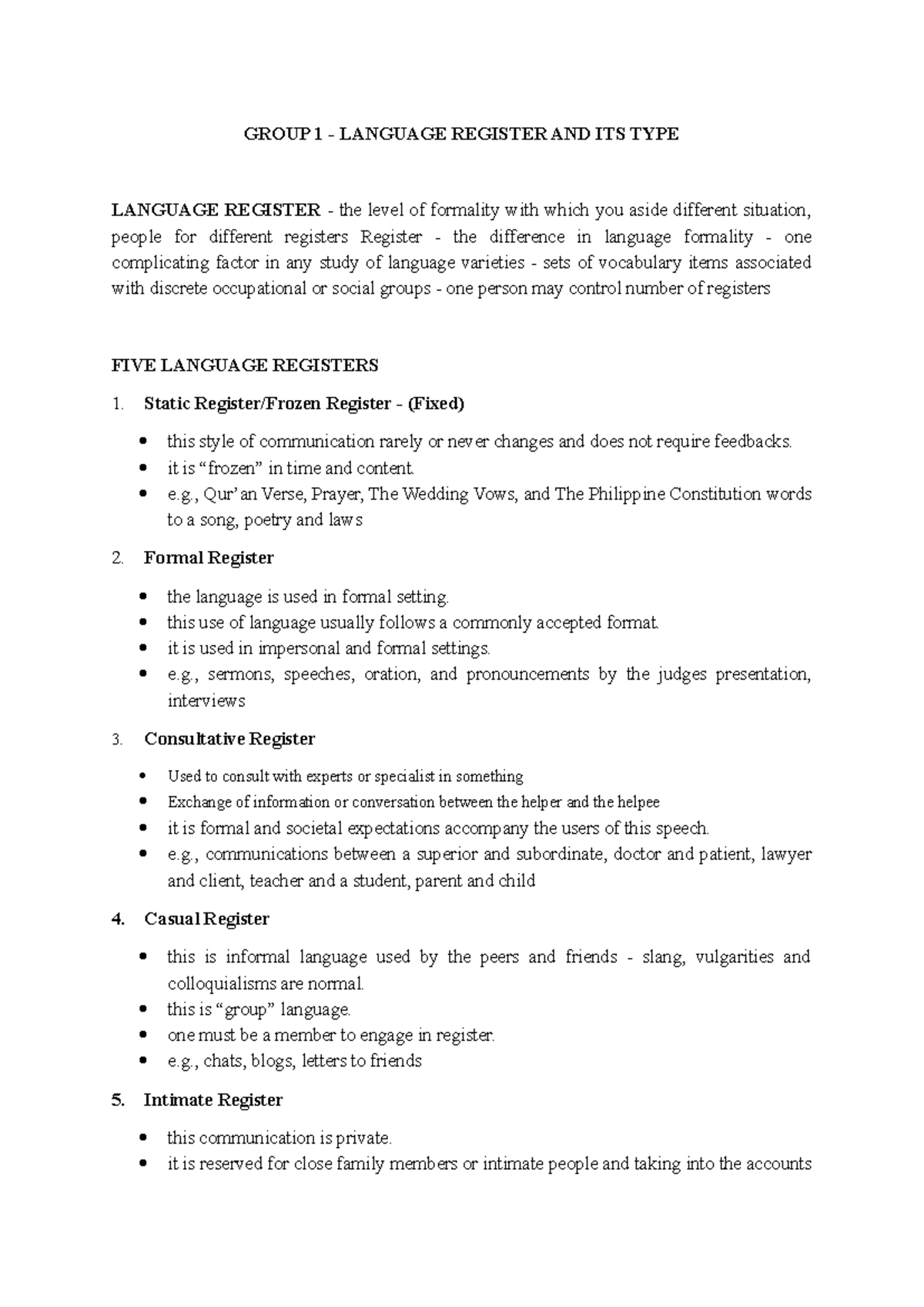 Purcom compiled - GROUP 1 - LANGUAGE REGISTER AND ITS TYPE LANGUAGE REGISTER - the level of ...