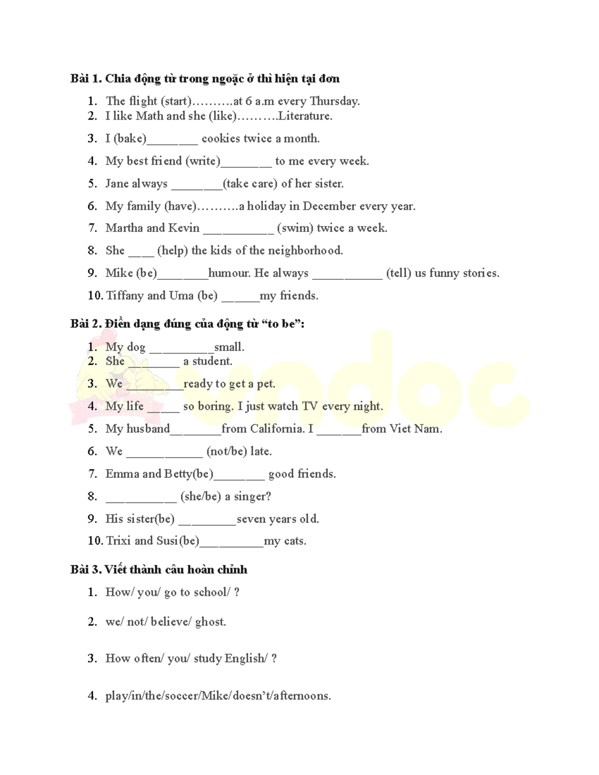 De thi tieng anh lop 7 giua hoc ki 1 - Bài 1. Chia động từ trong ngoặc ở thì hiện tại đơn 1. The ...