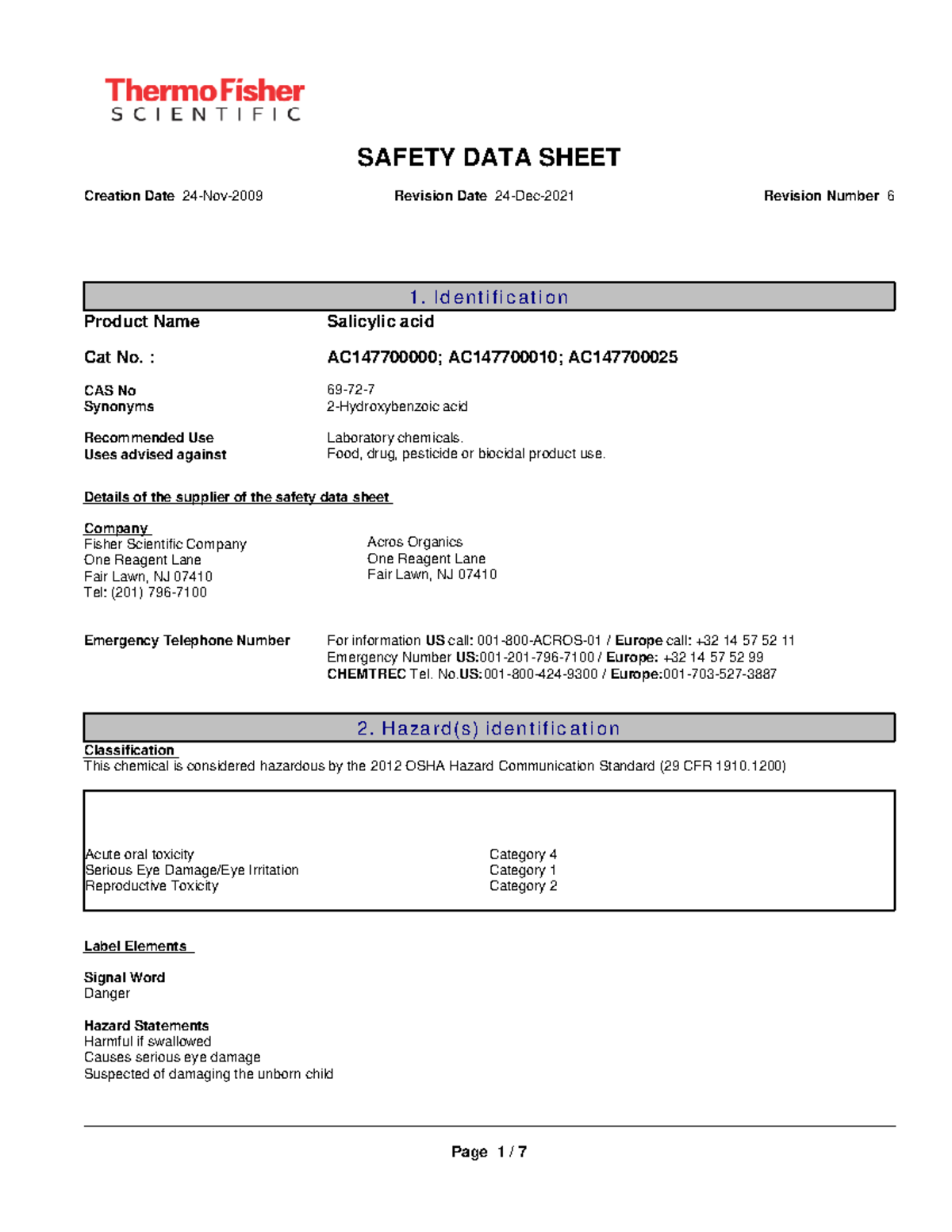 ACid - safety form - SAFETY DATA SHEET Creation Date 24-Nov-2009 ...