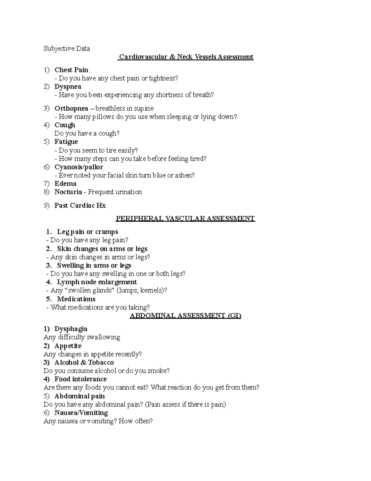 Subjective data for all systems - Subjective Data Cardiovascular & Neck ...
