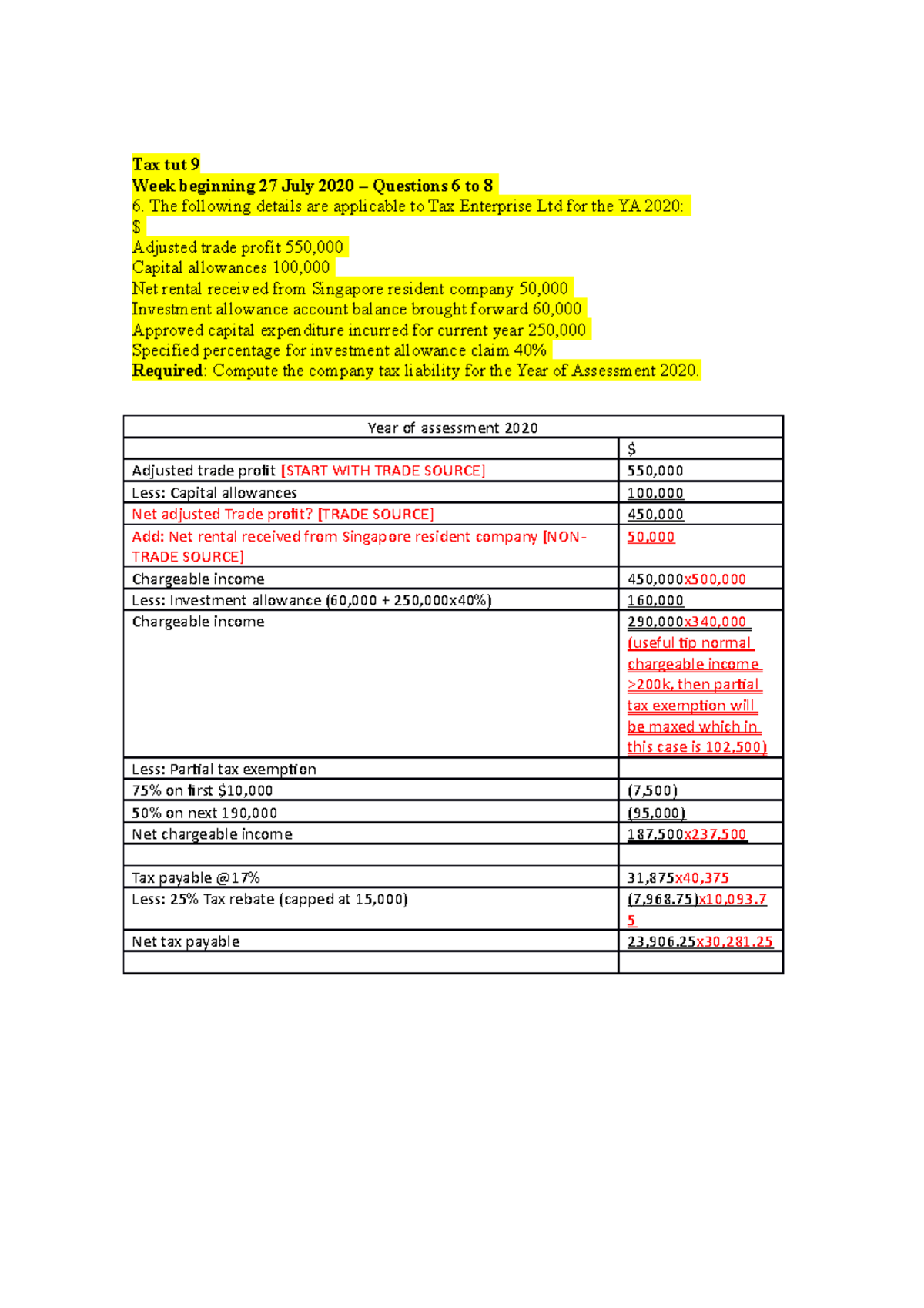 Tax tut 9 - Tutorial answers for Taxation - Tax tut 9 Week beginning 27 ...