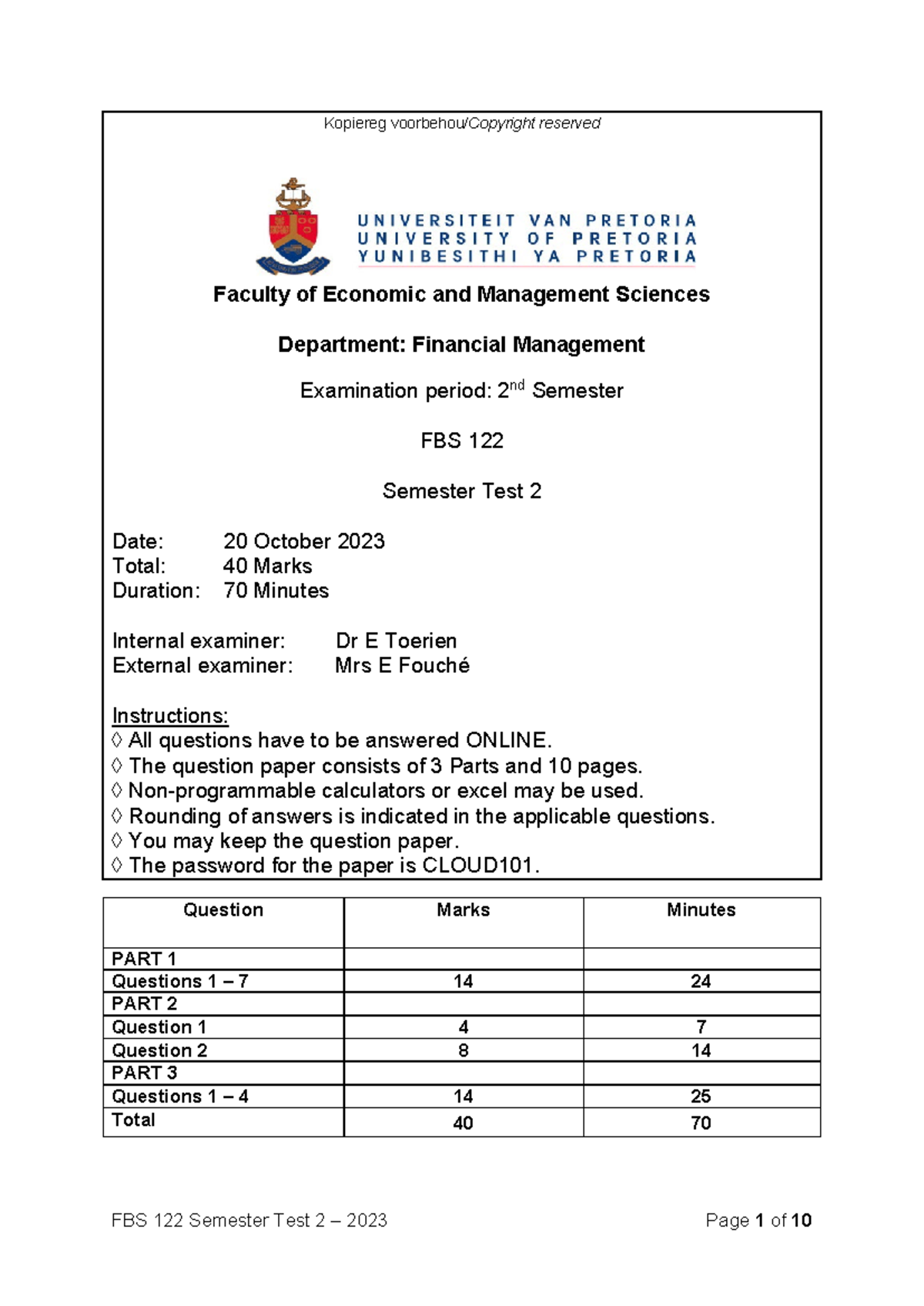 FBS 122 Semester Test 2 2023 Clickup - Kopiereg voorbehou/Copyright ...