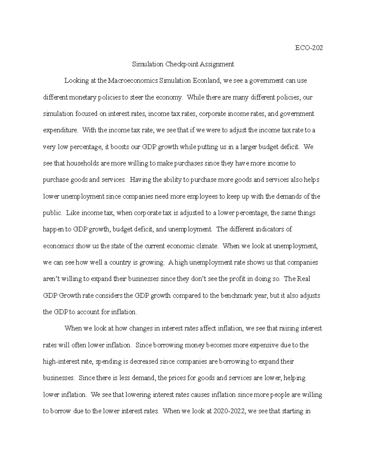 ECO-202 - Simulation Checkpoint Assignment - ECO- Simulation Checkpoint ...