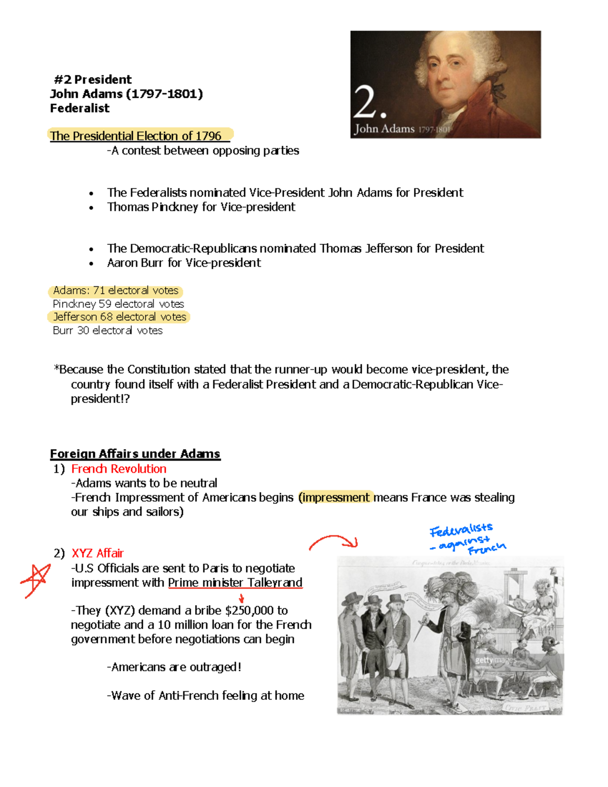 John Adams Notes - #2 President John Adams (1797-1801) Federalist The ...