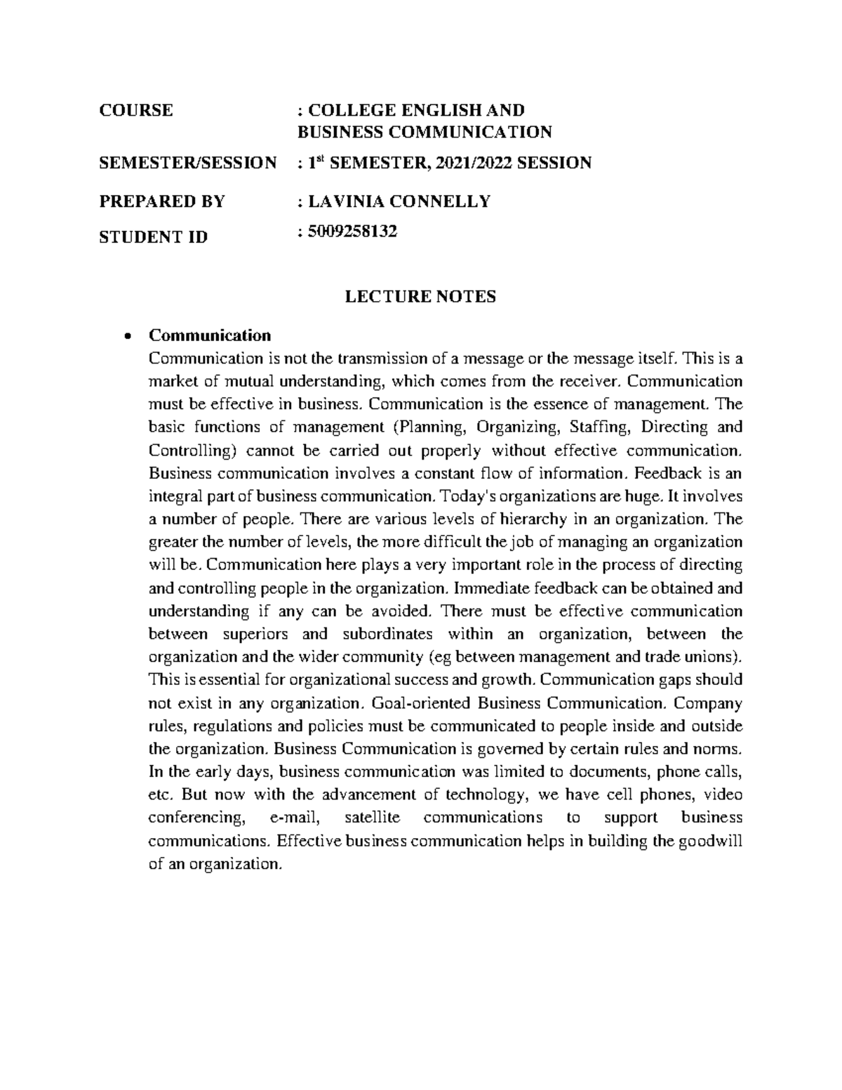 College English and Business Communication - Lecture Notes - COURSE ...