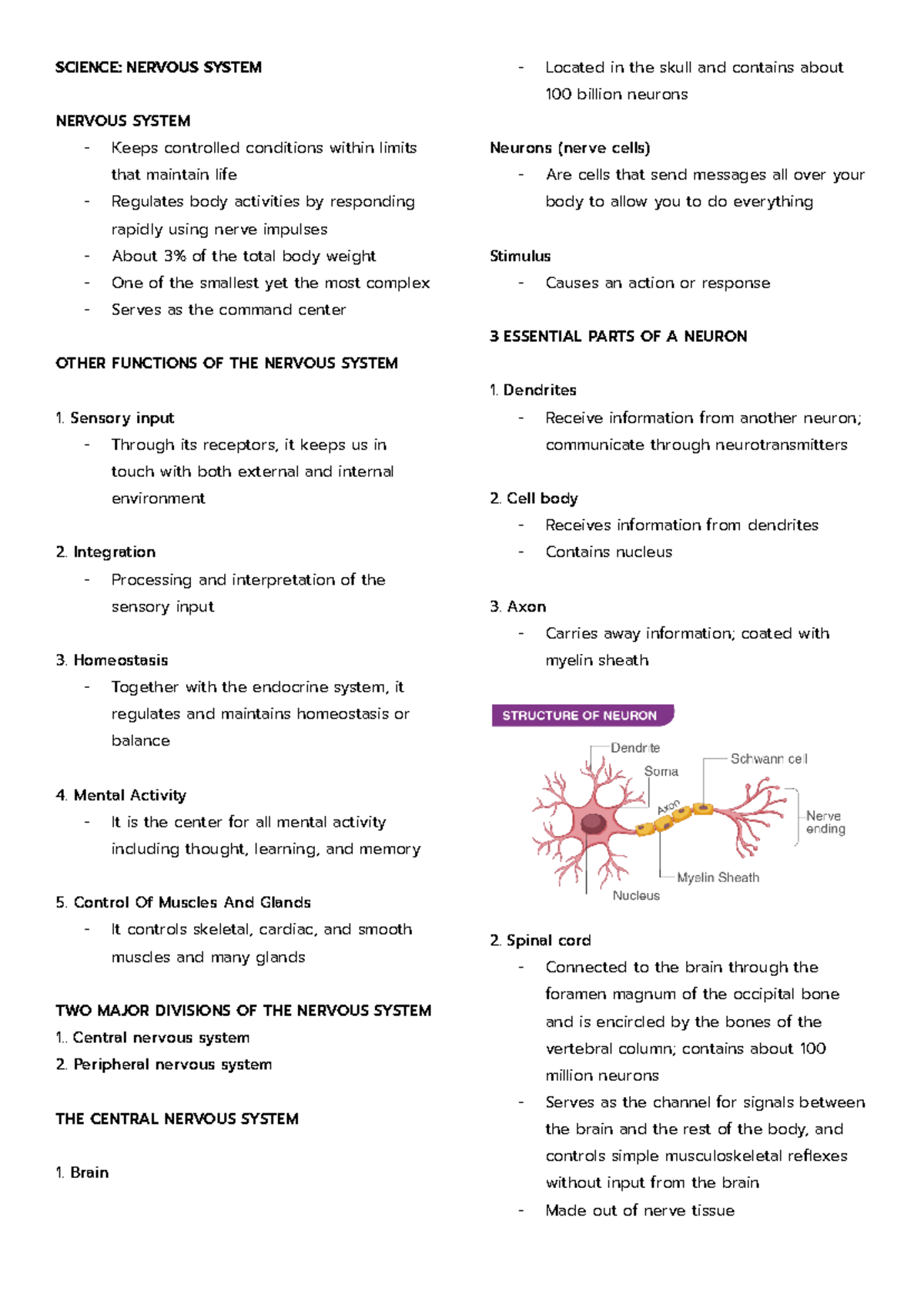 Science Q3 Reviewer Nervous System - SCIENCE: NERVOUS SYSTEM NERVOUS ...