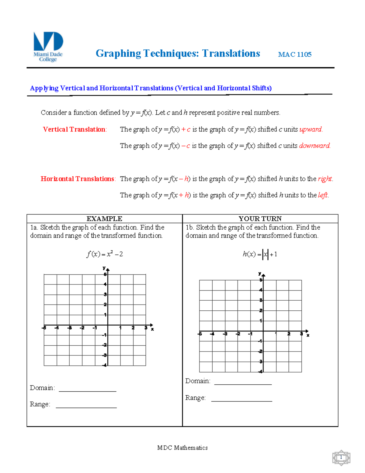 RMAC1105Graphing techniques translation Sec - Graphing Techniques: Translations MAC 1105 ...
