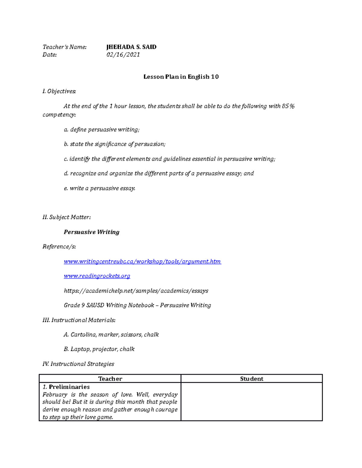 Lesson Plan - Persuasive Writing - AB English - WMSU - Studocu