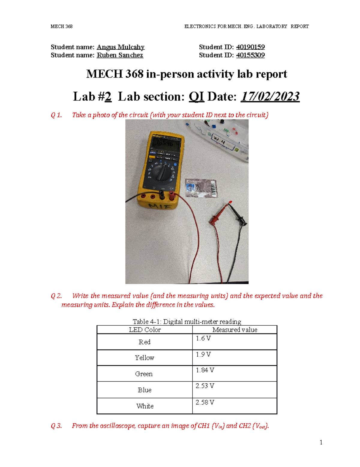 MECH 368 LAB Report 2 - sjdhffkajshdldfajshdflajshdf - Student name ...