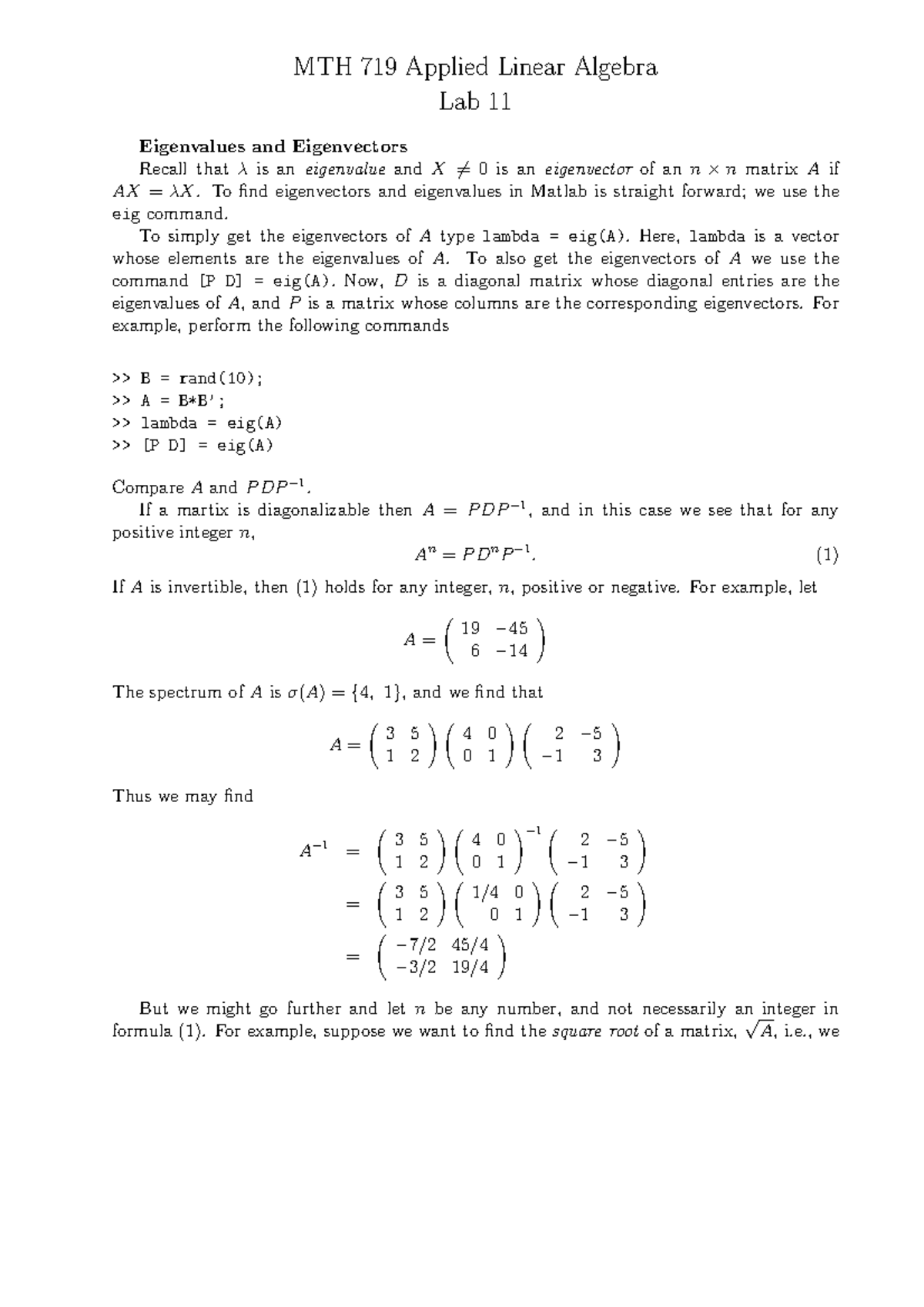MTH719Lab11 W17 - MTH719 notes - MTH 719 Applied Linear Algebra Lab 11 ...