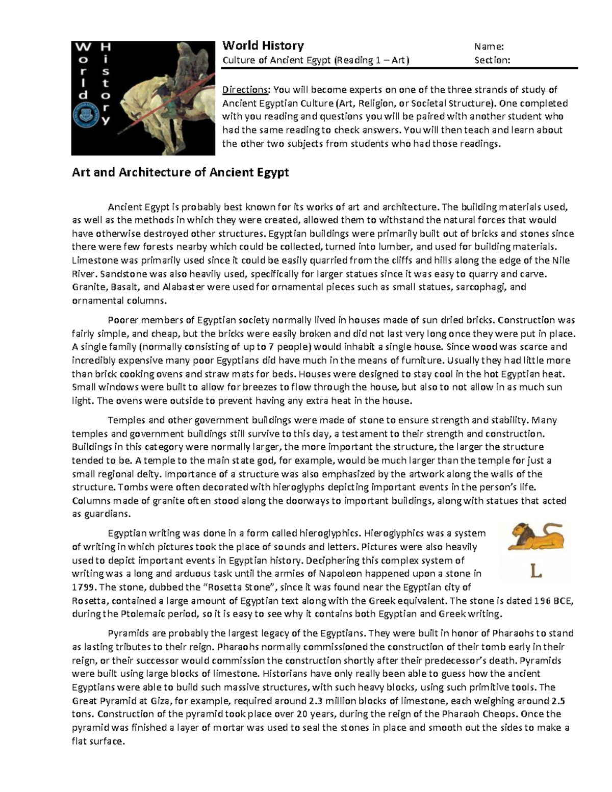 Culture of ancient egypt readings - World History Name: Culture of ...