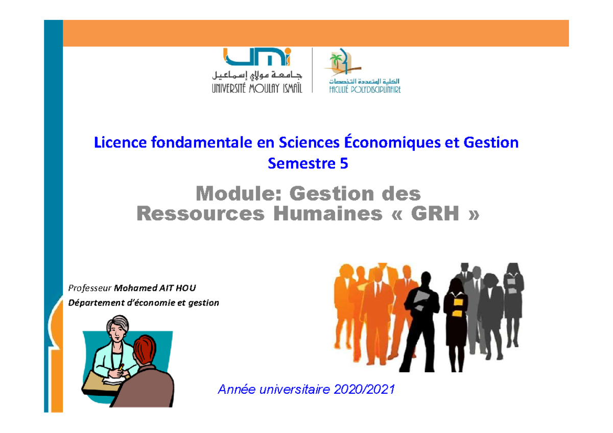 Chapitre introductif S5 GRH - Licence fondamentale en Sciences Économiques et Gestion Semestre 5 ...