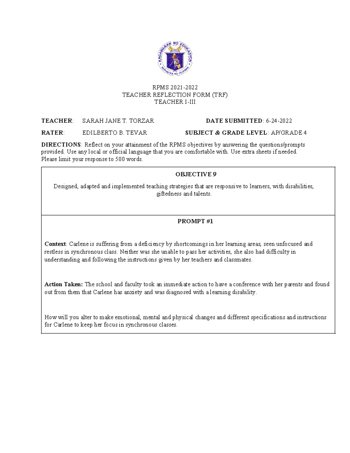 Teacher Reflection Form - RPMS 2021- TEACHER REFLECTION FORM (TRF ...