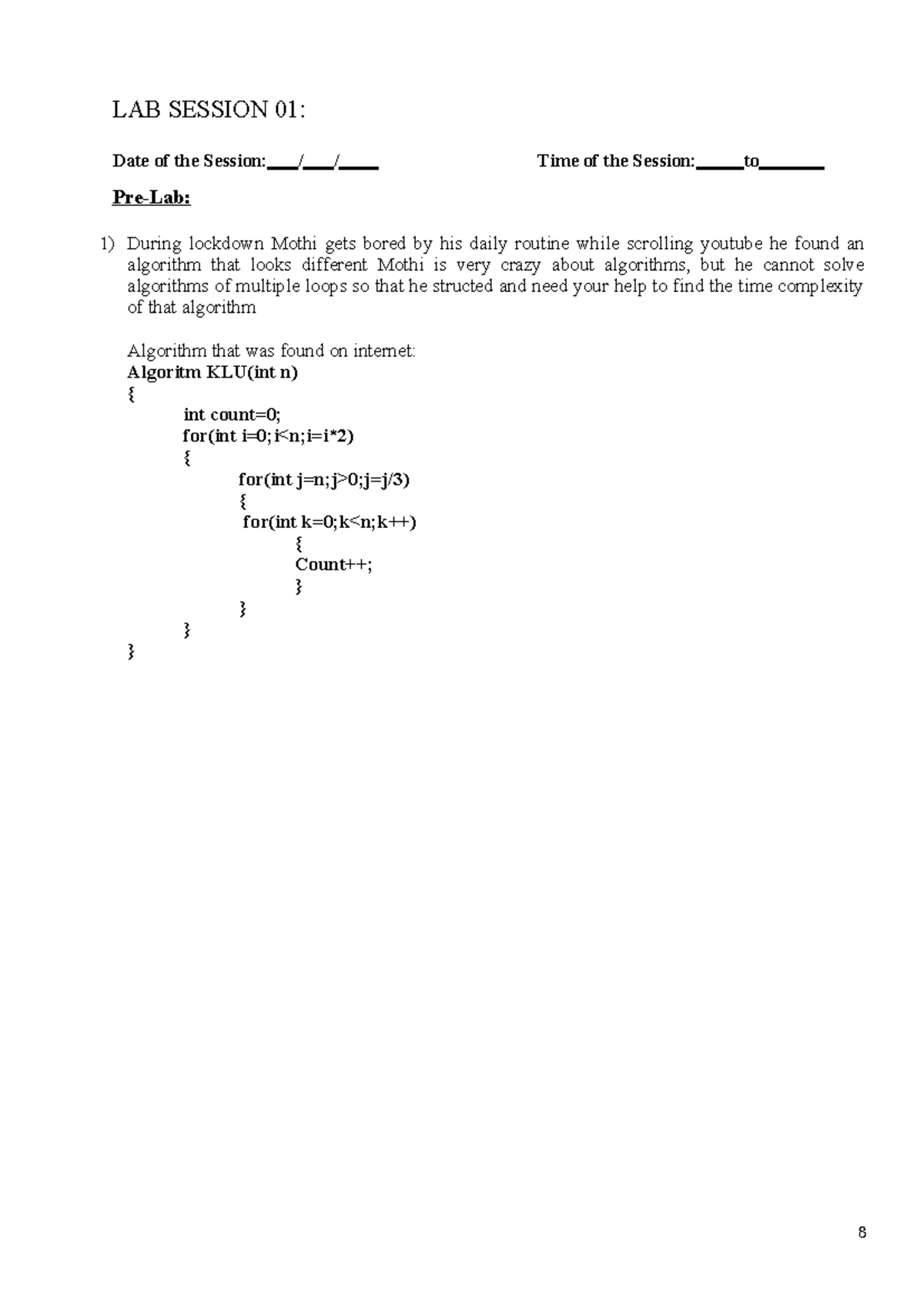 Daa Lab Design And Analysis Of Algorithms Lab Session 01 Date Of