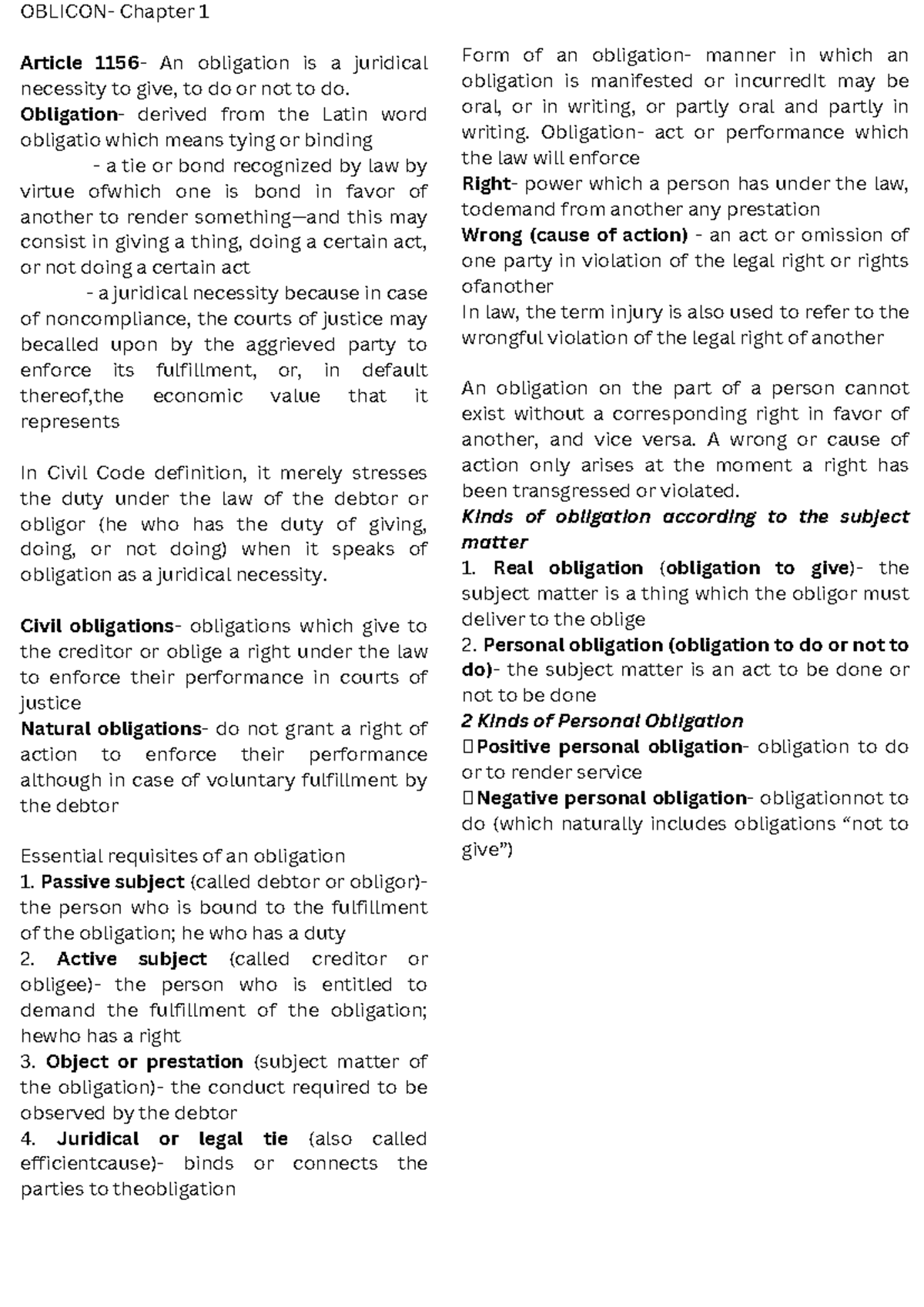 Oblicon- Chapter 1 Article 1156- An obligation is a juridical necessity ...