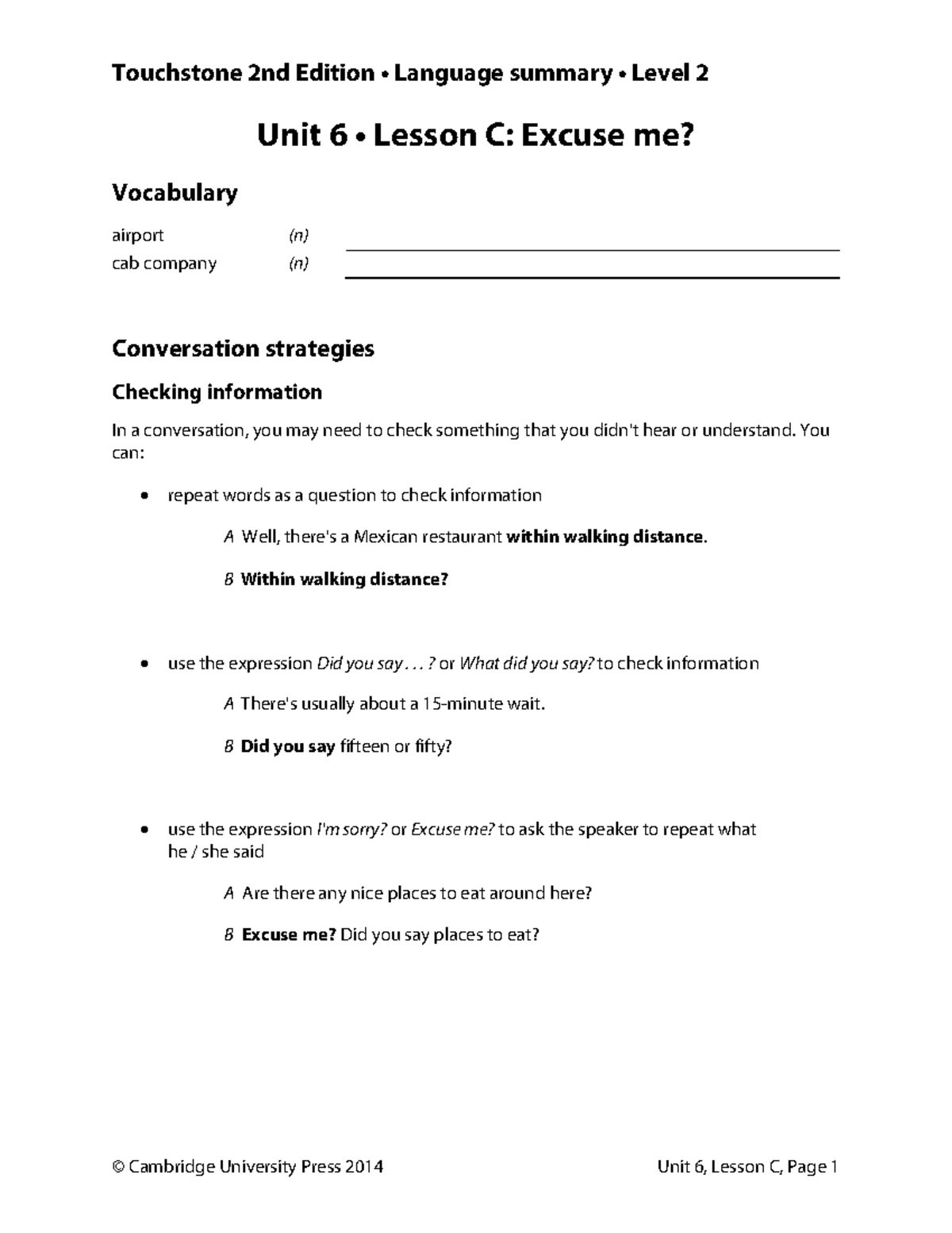 TS2e L2 U6 LC Langsum - "Echo" questions - Touchstone 2nd Edition • Language summary • Level 2 ...