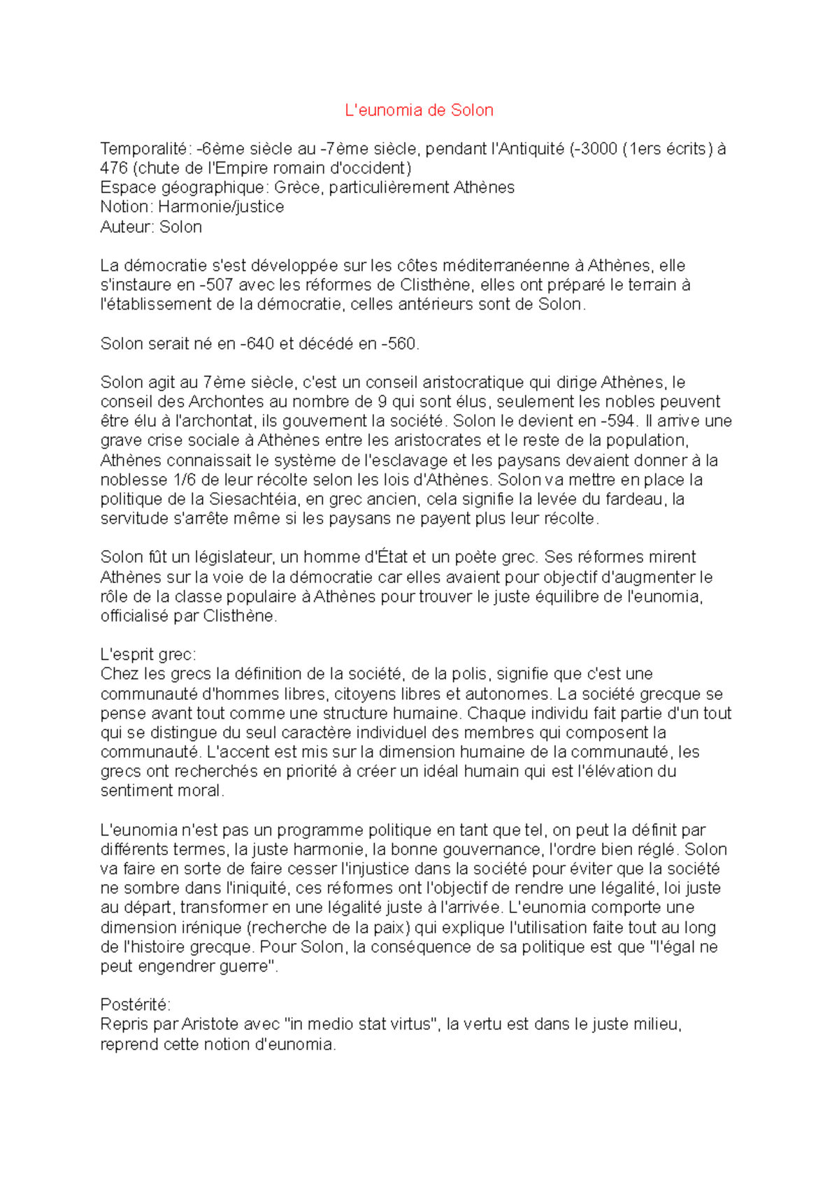 Eunomia de Solon - L'eunomia de Solon Temporalité: -6ème siècle au -7ème siècle, pendant l ...