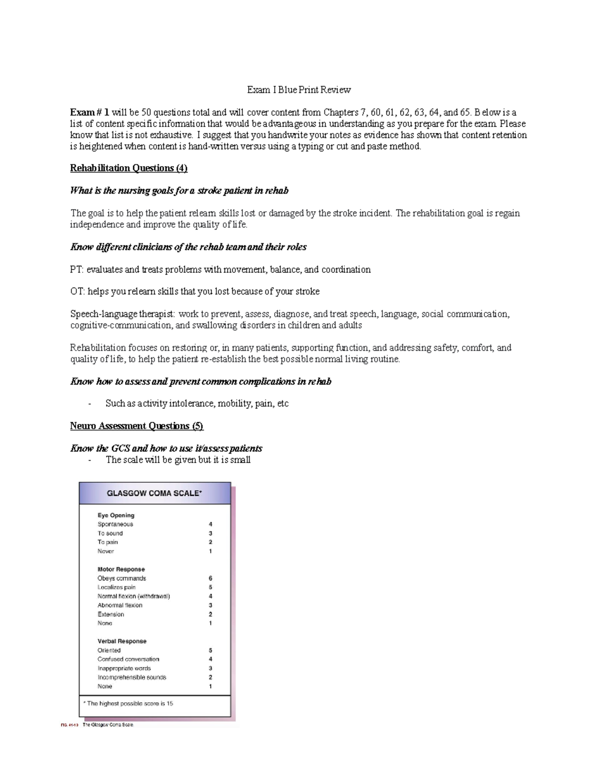 Exam #1 Blueprint - study guide - Exam I Blue Print Review Exam # 1 ...
