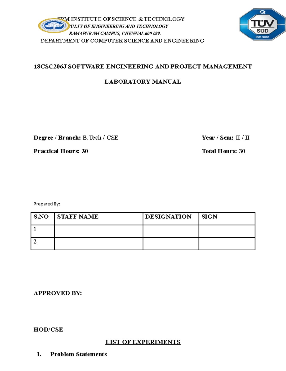 Lab manual SEPM - dsvadva - SRM INSTITUTE OF SCIENCE & TECHNOLOGY ...