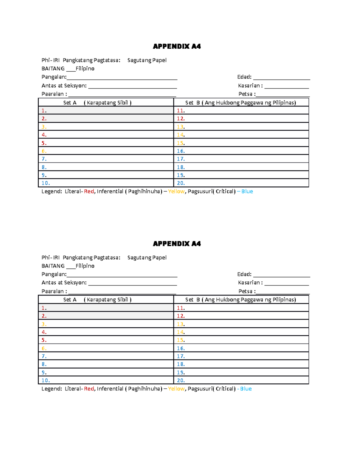 Appendix A4 ( GST Sagutang Papel) - APPENDIX A 4 Phi- IRI Pangkatang Pagtatasa: Sagutang Papel ...